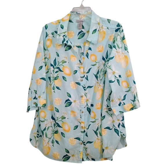 Catherines | Tops | Catherines Lemon Print Buttonup Linen Blend Shirt ...